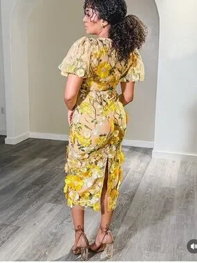 Dresses | Yellow Floral Embroidered Midi Dress With Sheer Puff Sleeves ...